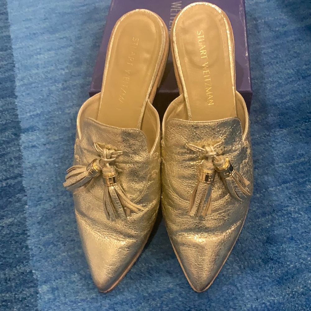 Stuart Weitzman Slide Along Gold Tassel Mule Flats - Gem